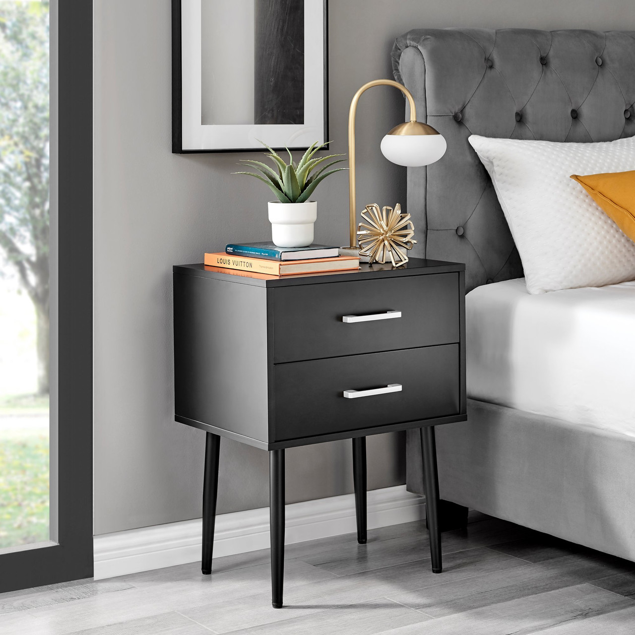 Taylor Large 2 Drawer Black Bedside Table Chrome Handles